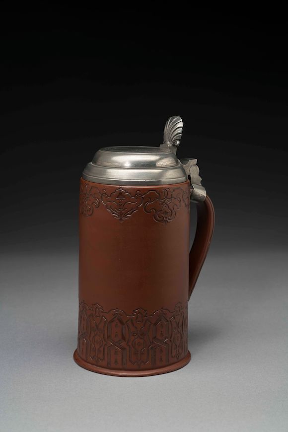 Bonhams : A Meissen Böttger stoneware pewter-mounted tankard, circa 1710-19