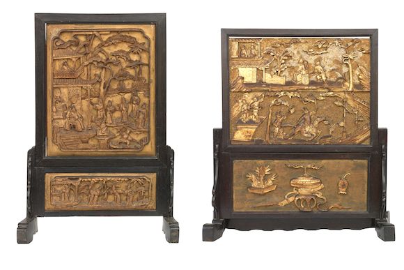 Bonhams : Two gilt-wood and lacquer table screens on stained-wood ...