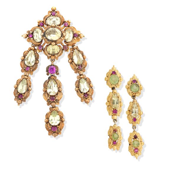Bonhams : A chrysoberyl and ruby demi-parure, circa 1840