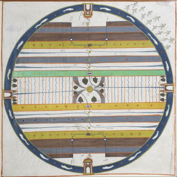 Bonhams : A large Jain cosmological chart representing the earth as ...