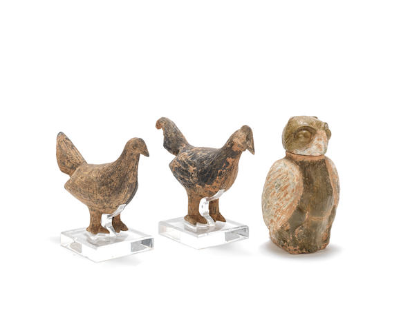 Bonhams Two Grey Pottery Models Of A Cockerel And Hen And A Partly