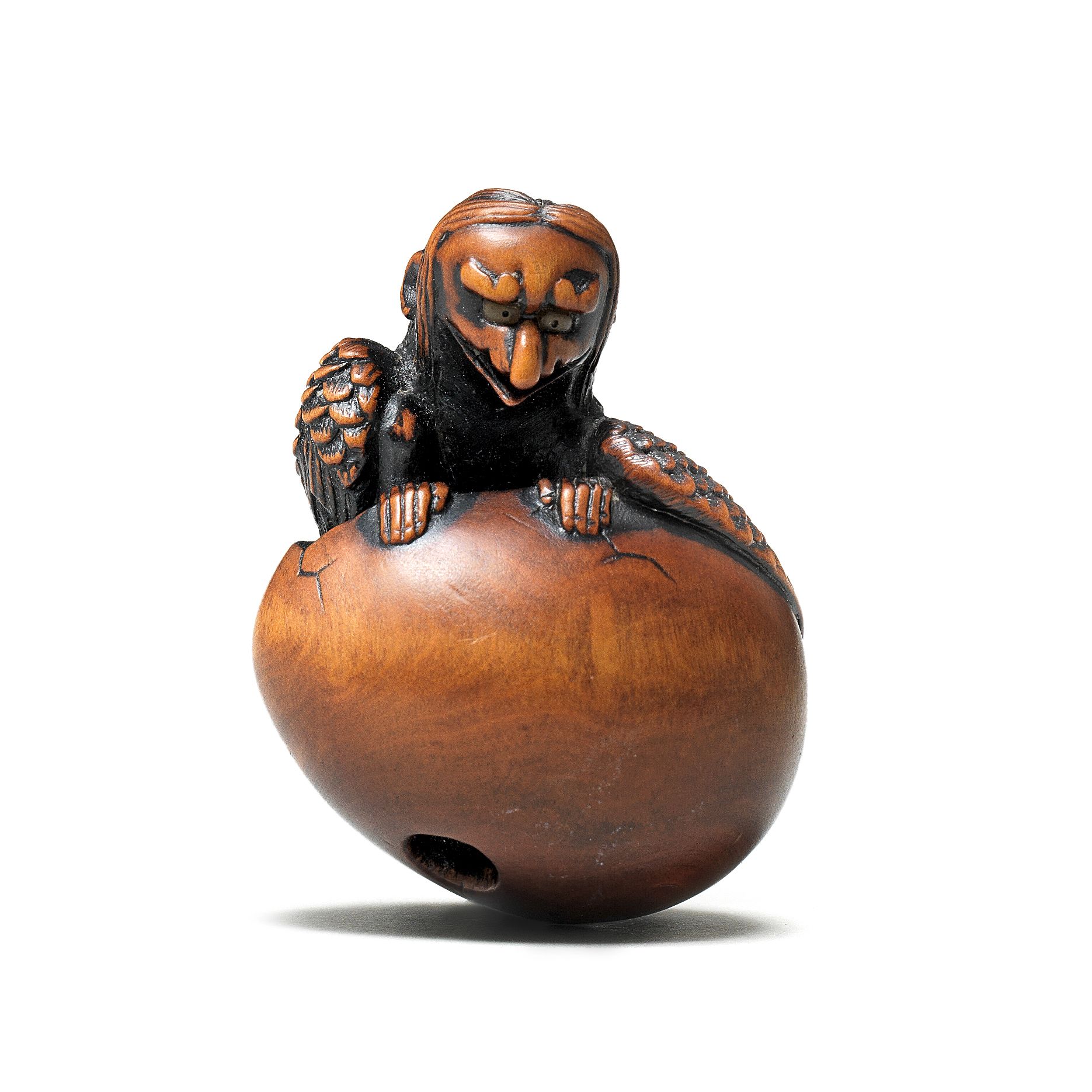 Bonhams : A wood netsuke of a tengu no tamago (hatching tengu) By ...