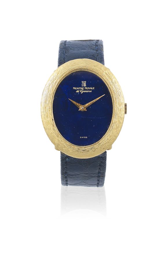 Bonhams : Montre Royale. An 18K gold manual wind oval wristwatch with ...