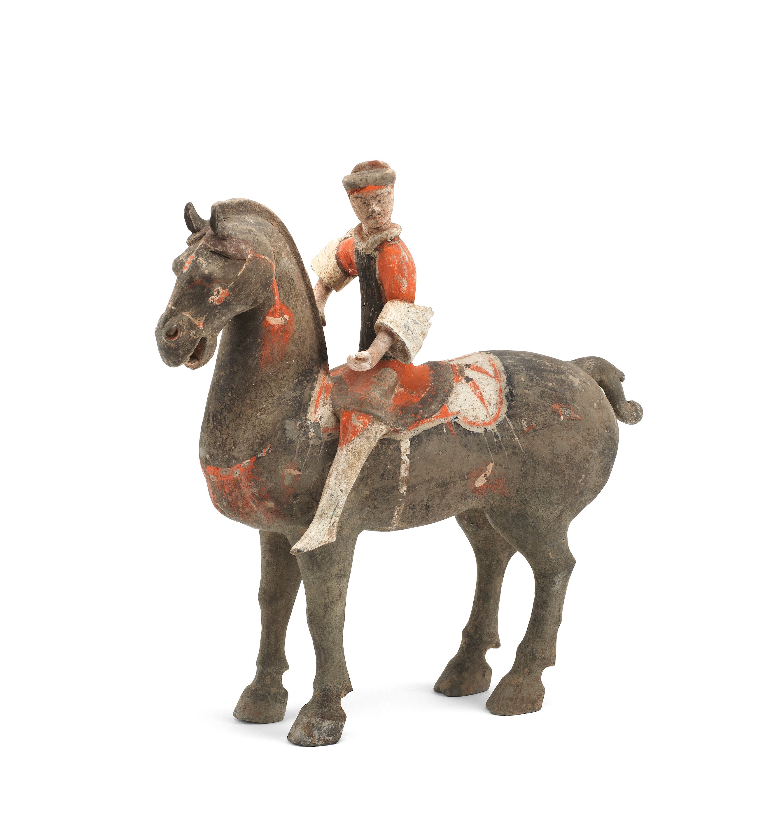 Bonhams : A painted grey pottery equestrian Han Dynasty