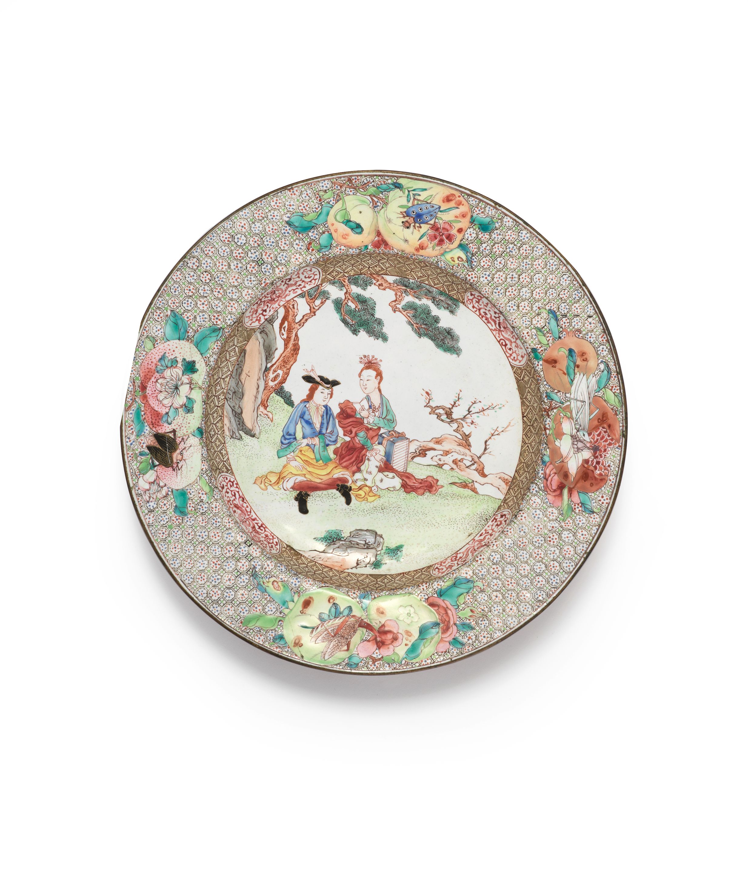 Bonhams : A RARE PAINTED ENAMEL 'EUROPEAN SUBJECT' RUBY-BACK DISH Yongzheng