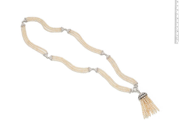 Bonhams A Natural Pearl And Diamond Tassel Necklace