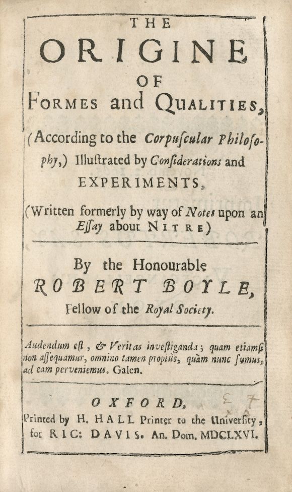 Bonhams : BOYLE (ROBERT) The Origine of Formes and Qualities ...