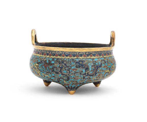 Bonhams : A RARE CLOISONNÉ ENAMEL AND GILT BRONZE 'CHILONG' TRIPOD ...