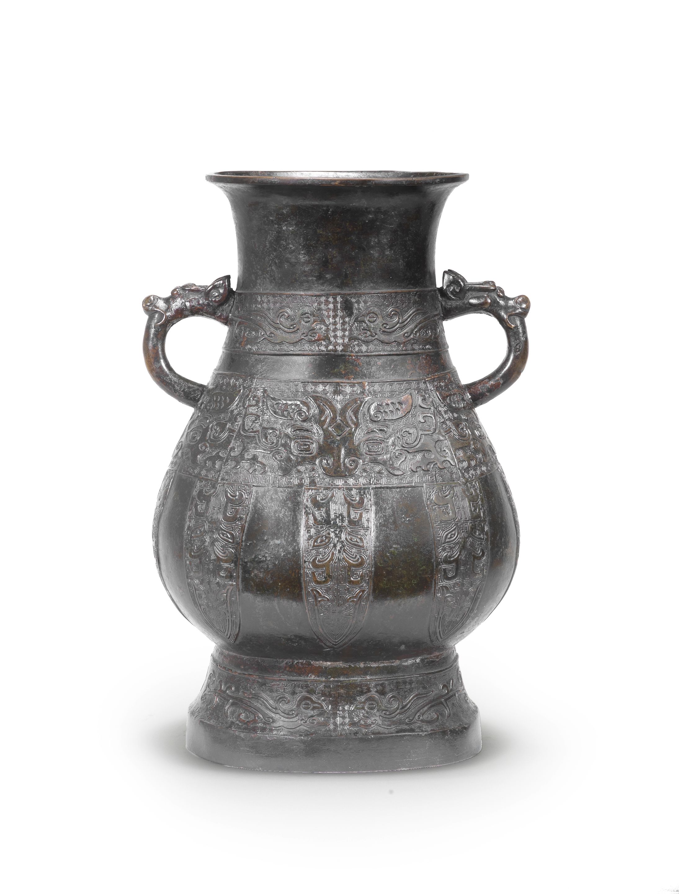Bonhams : A RARE AND LARGE ARCHAISTIC BRONZE VASE, HU Ming Dynasty