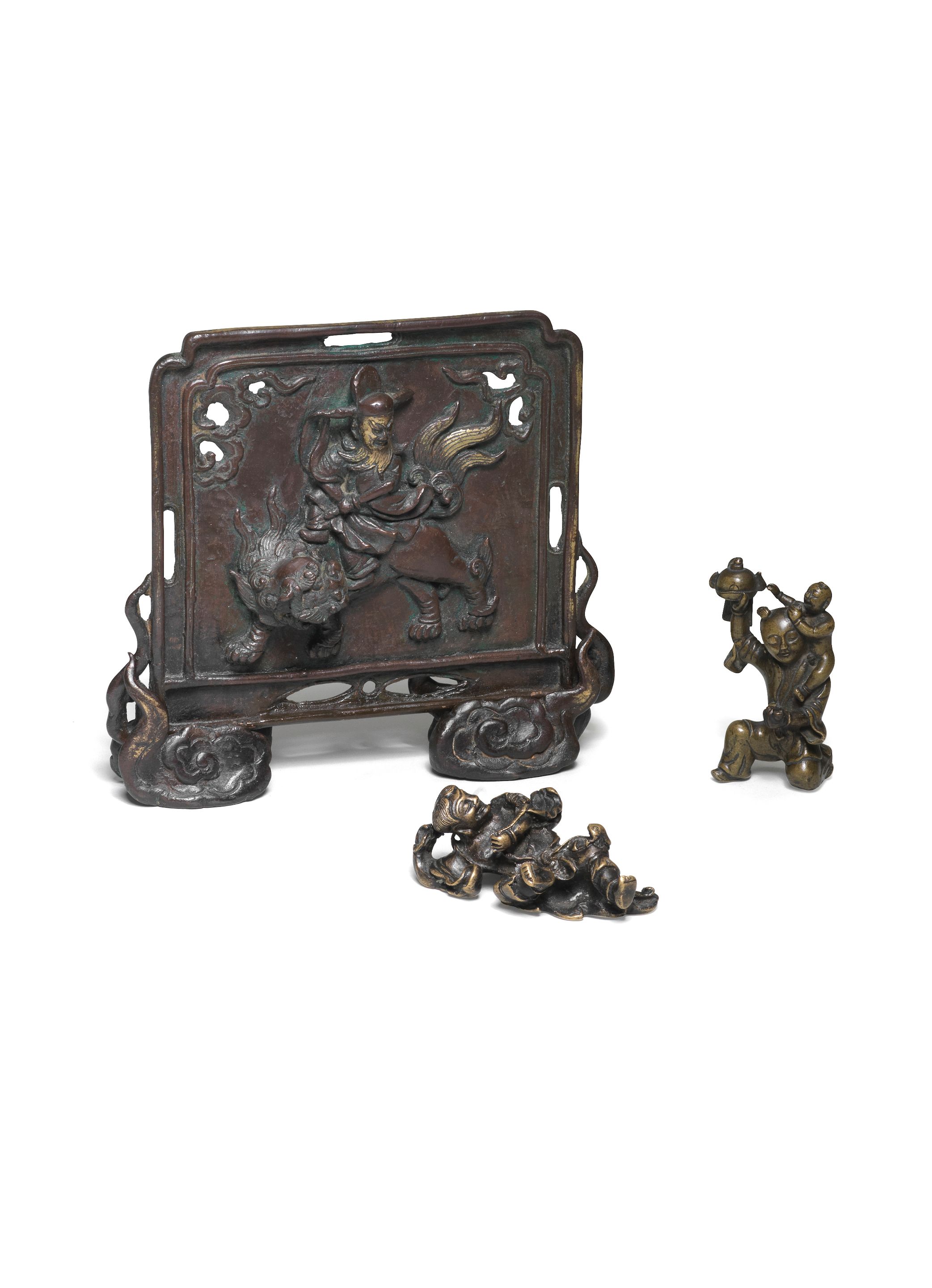 Bonhams : A PARCEL-GILT BRONZE TABLE SCREEN AND TWO BRONZE SCROLL ...