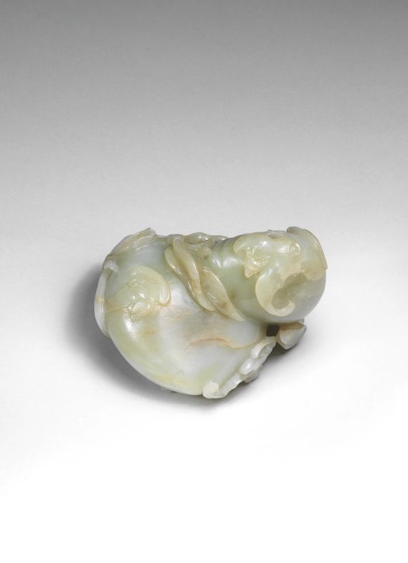 Bonhams : A PALE GREEN JADE 'DOUBLE PEACH AND BAT' GROUP 18th century (2)