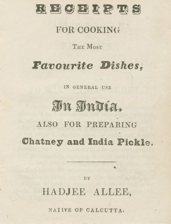 Bonhams : INDIAN COOKERY ALLEE (HADJEE) Receipts for Cooking the Most ...