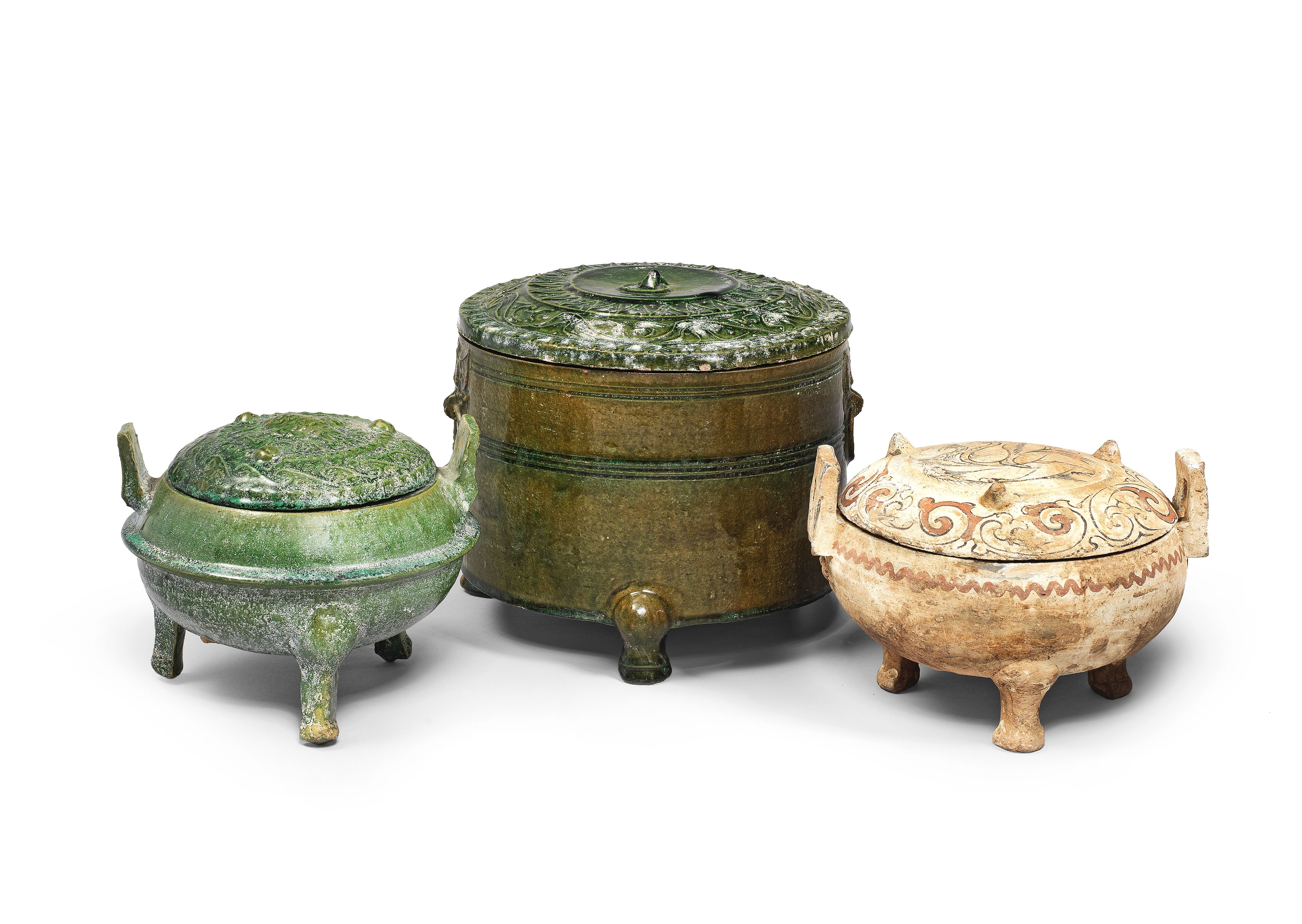 Bonhams : TWO POTTERY RITUAL TRIPOD FOOD VESSELS AND COVERS, DING, AND ...