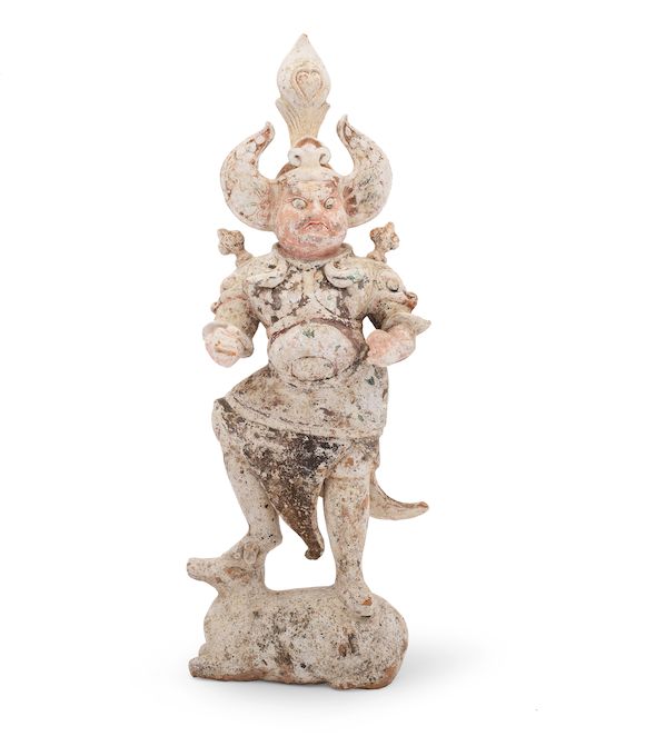 Bonhams : A LARGE PAINTED POTTERY FIGURE OF A LOKAPALA Tang Dynasty (2)
