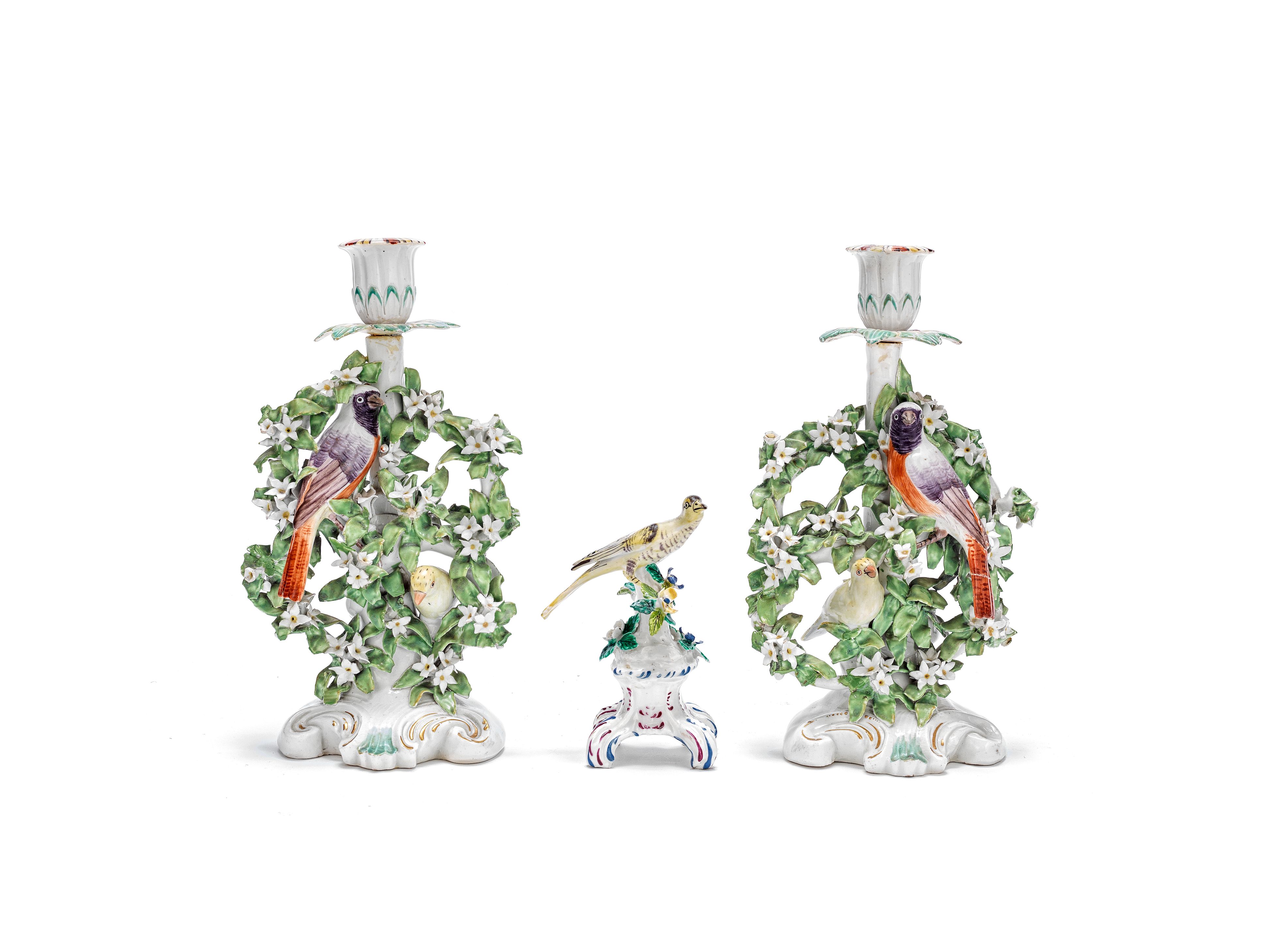 Bonhams : A pair of Derby 'Birds in Branches' candlesticks and a Bow ...