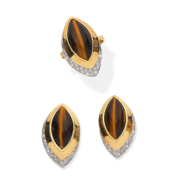 Bonhams : tiger's eye and diamond ring and earring suite (2)