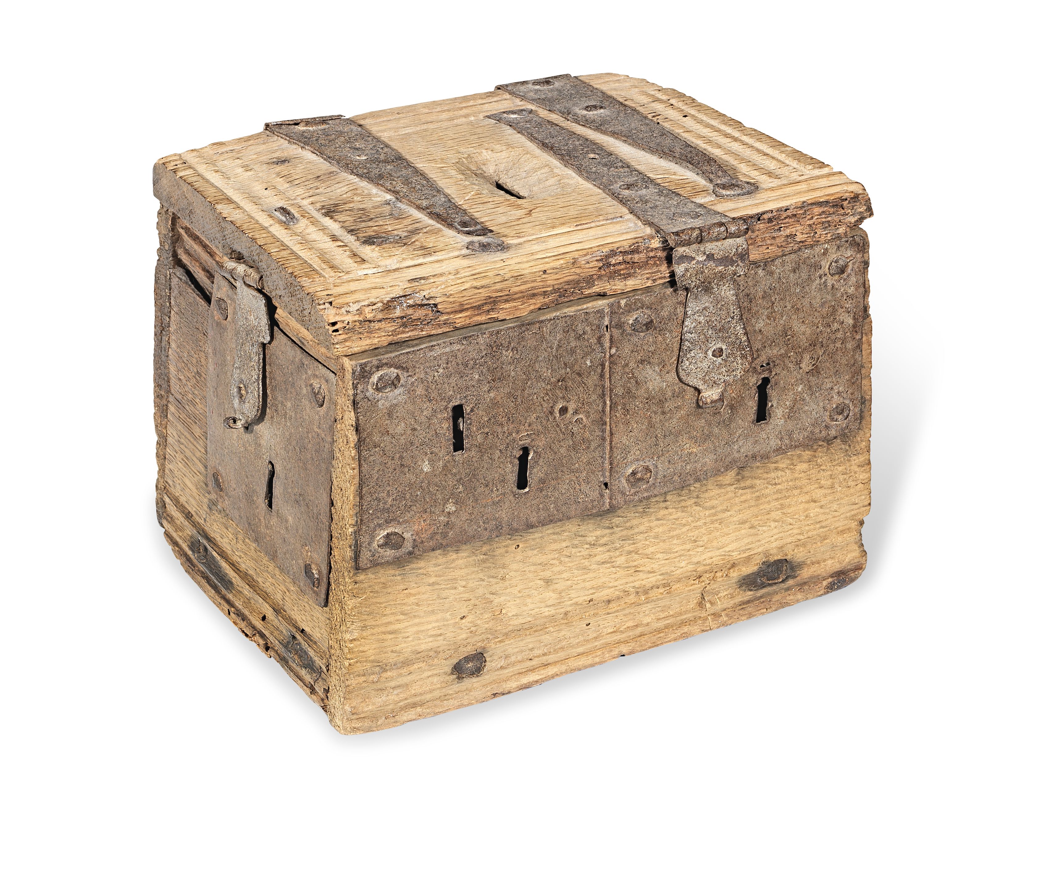 Bonhams : A 16th or 17th century boarded oak alms box, English
