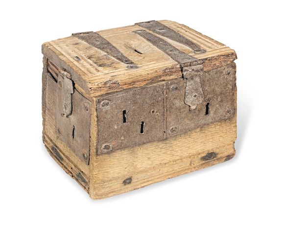 Bonhams : A 16th or 17th century boarded oak alms box, English