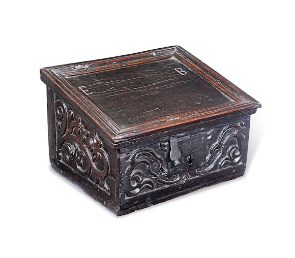 Bonhams : A small and good James I boarded oak desk box, circa 1620