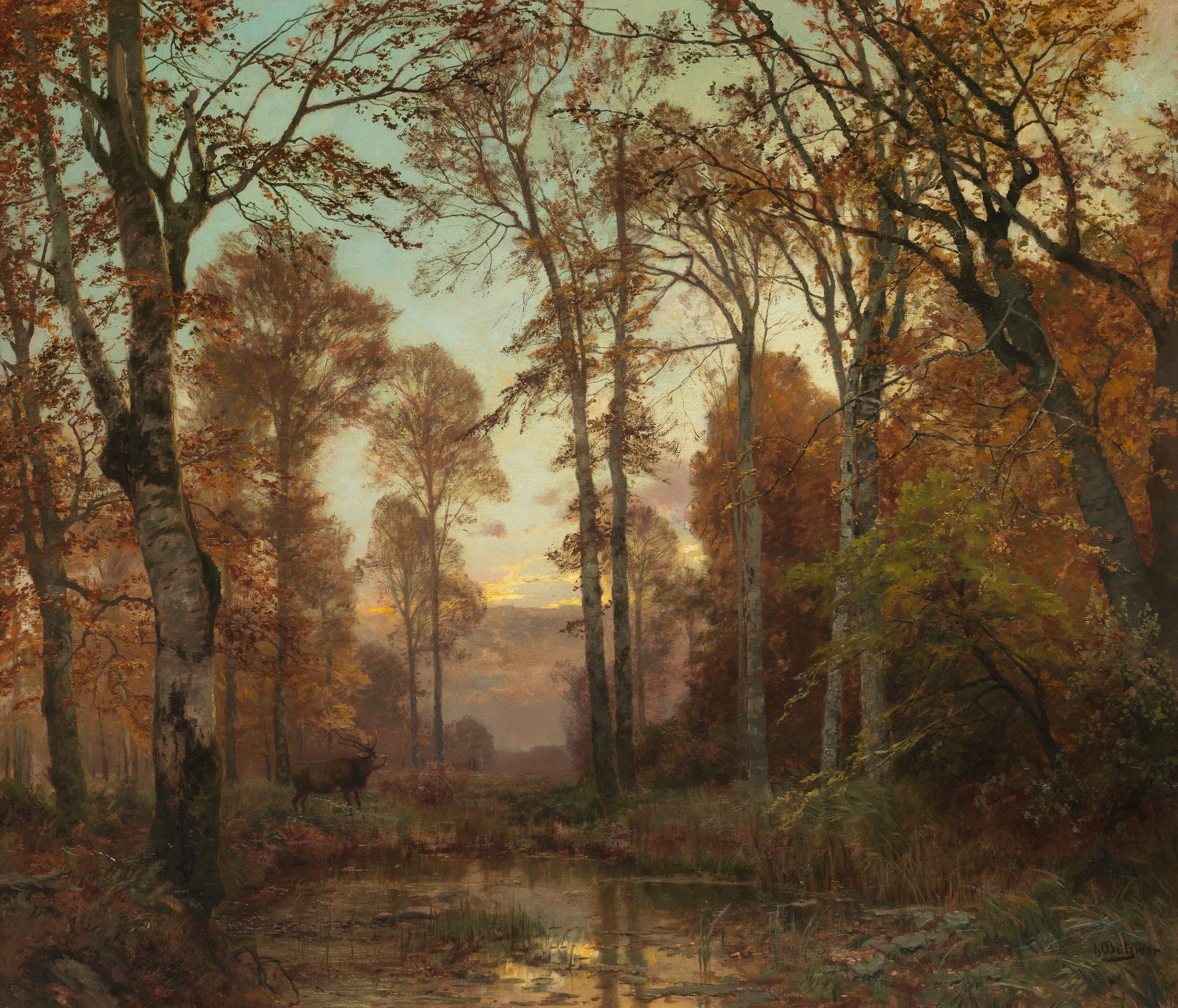 Bonhams : Heinrich Böhmer (German, 1852-1930) Stag in Woodland Landscape