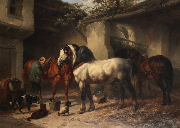 Bonhams : Wouter Verschuur (Dutch, 1812-1874) Horses in a Stableyard