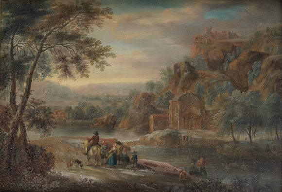 Bonhams : Andreas Martin (Brussels 1720-1767) A mountainous river landscape with figures on a path
