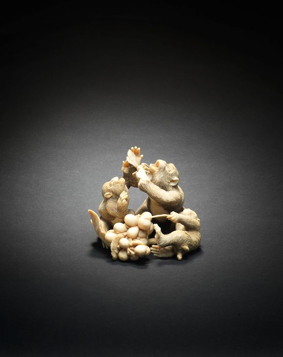 Bonhams : An ivory okimono group of three monkeys By Hozan, Meiji era ...