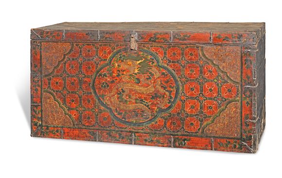 Bonhams : A large painted wood 'dragon' storage chest Tibet, 18th century
