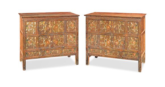 Bonhams : A pair of painted lacquered wood 'floral brocade' cabinets ...