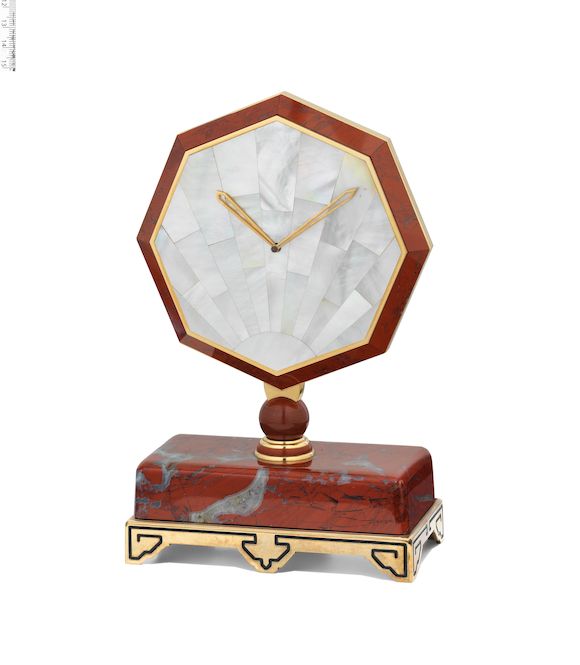 Bonhams : A JASPER AND MOTHER-OF-PEARL DESK CLOCK, BY CARTIER,