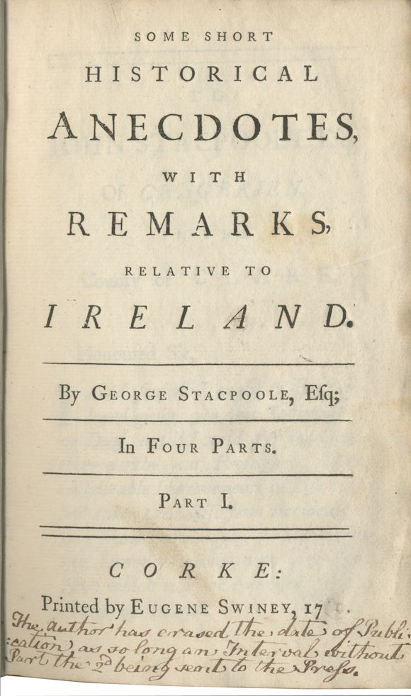 Bonhams : IRELAND - ECONOMICS STACPOOLE (GEORGE) Historical Anecdotes ...