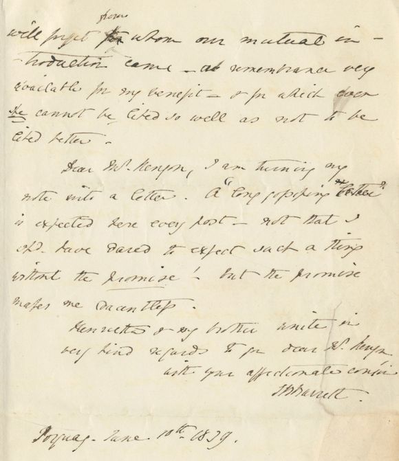 Bonhams : BROWNING (ELIZABETH BARRETT) Fine autograph letter signed (EB ...