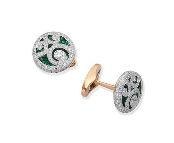 Bonhams : GRAFF: EMERALD AND DIAMOND 'DIAMOND ON DIAMOND' CUFFLINKS