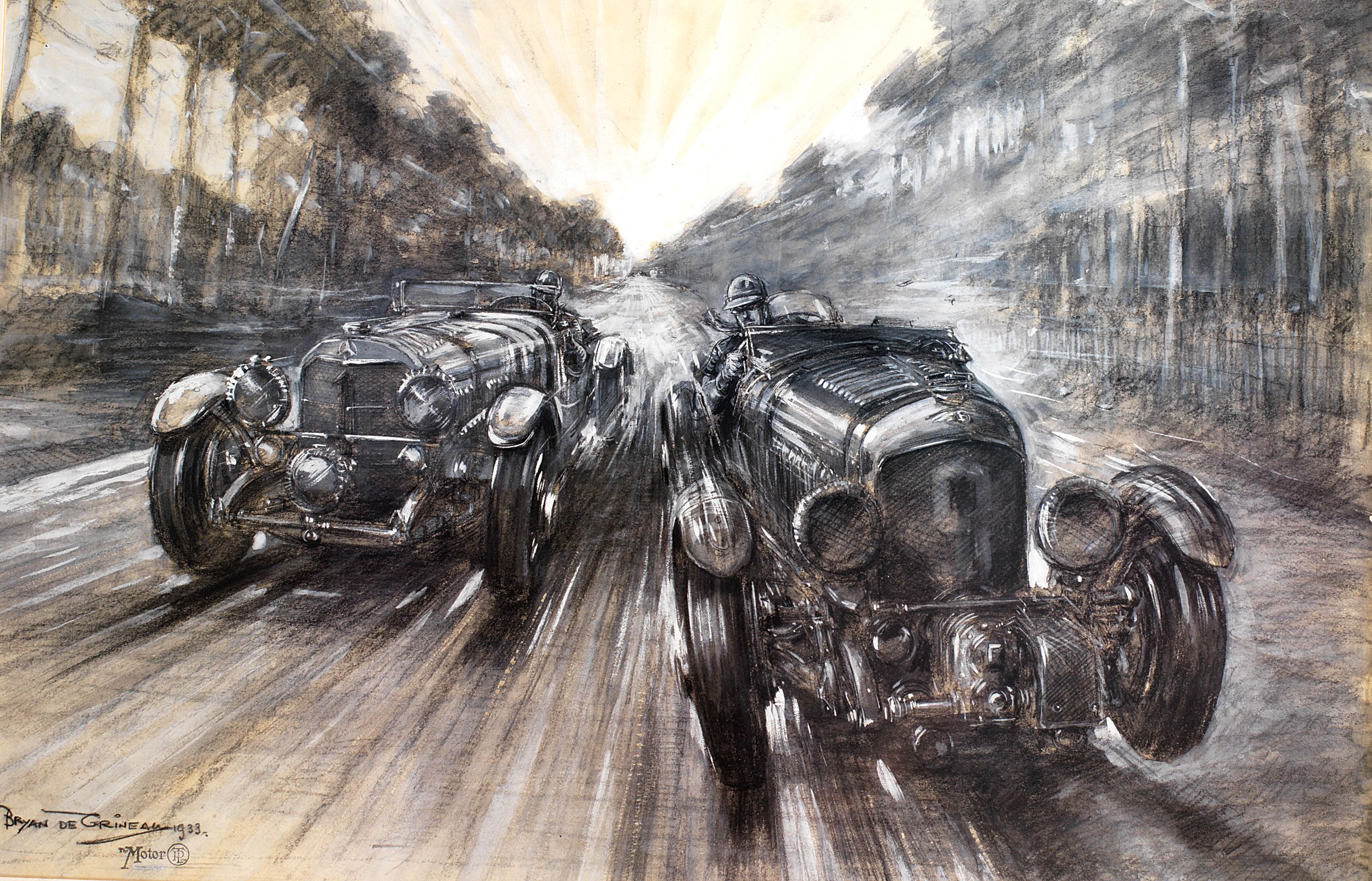 Bonhams Cars : 'Bentley v Mercedes - 1930 Le Mans', a print after Bryan De Grineau,