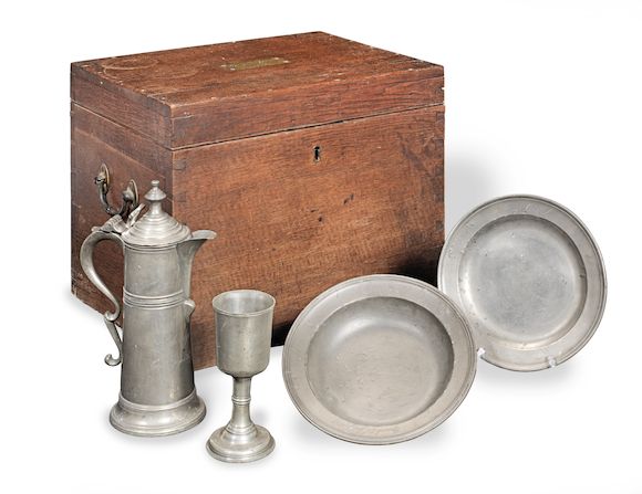 Bonhams : A William IV pewter communion set, in fitted oak case (9)