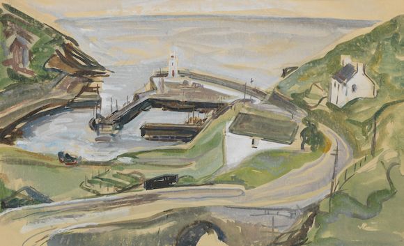 Bonhams : Scottish School (20th Century) View of harbour, Lybster