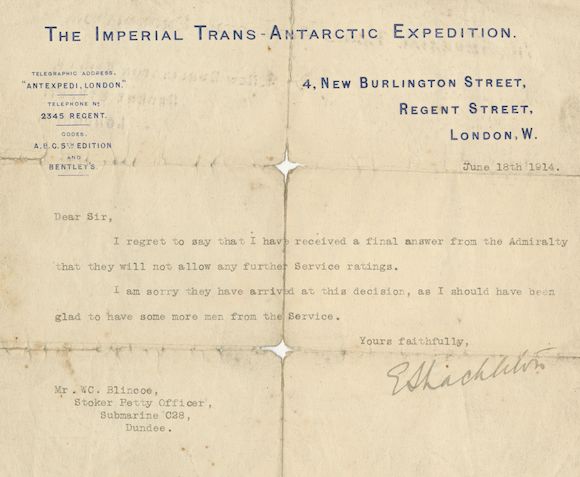 Bonhams : IMPERIAL TRANS-ANTARCTIC EXPEDITION Two typed letters signed ...