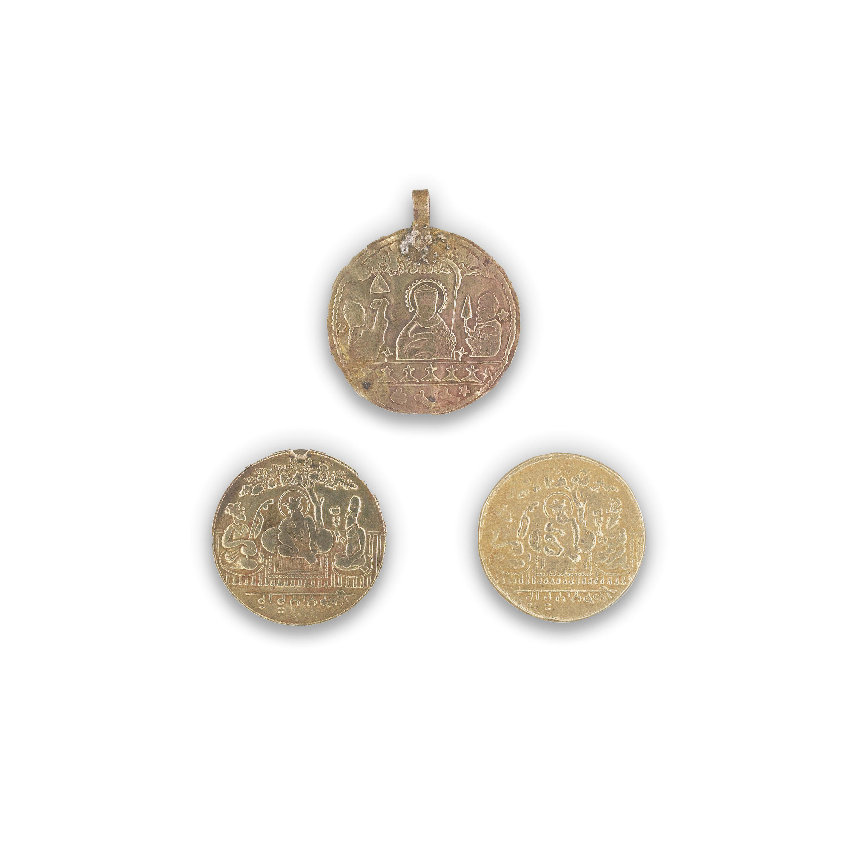Bonhams : Three Sikh tokens depicting Guru Nanak seated with Bala and ...