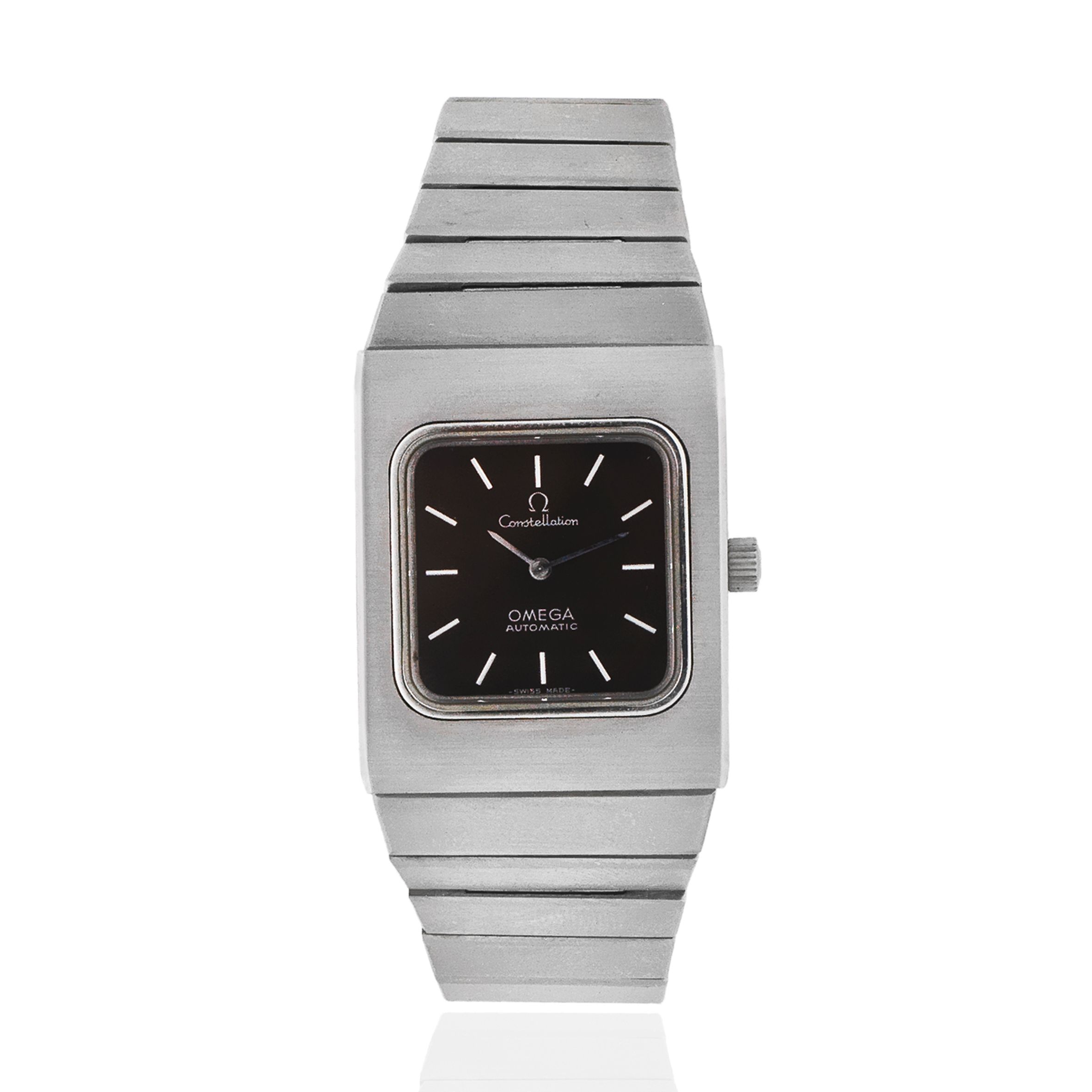 Bonhams : Omega. A stainless steel automatic rectangular bracelet watch ...