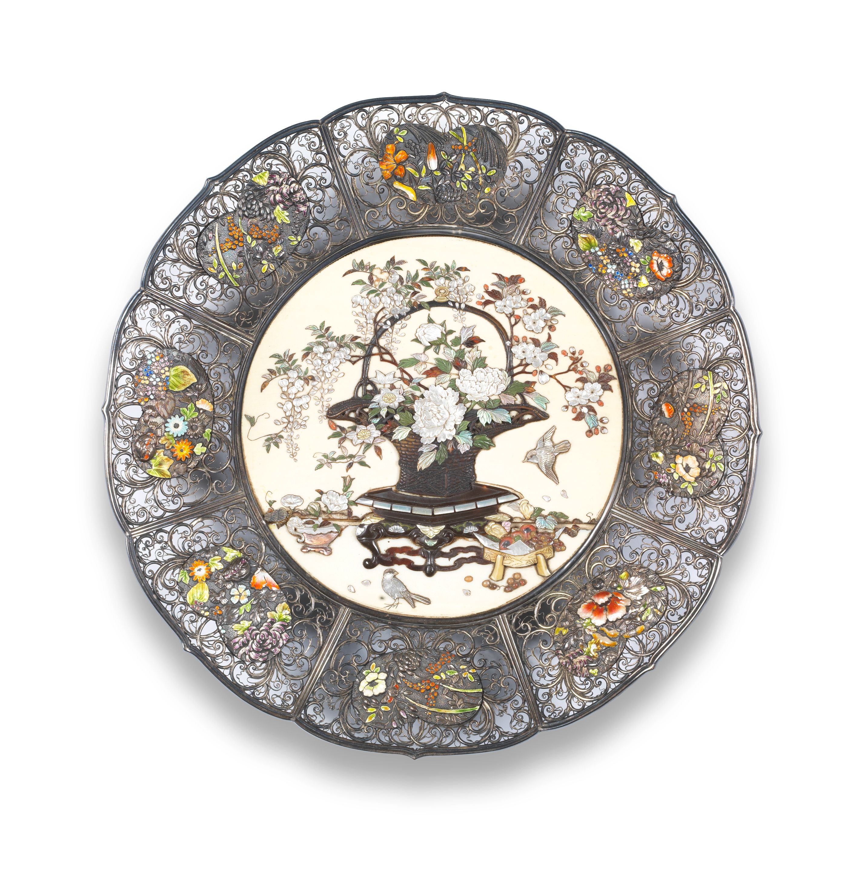 Bonhams : An ivory Shibayama-inlaid and enamelled silver-filigree dish ...