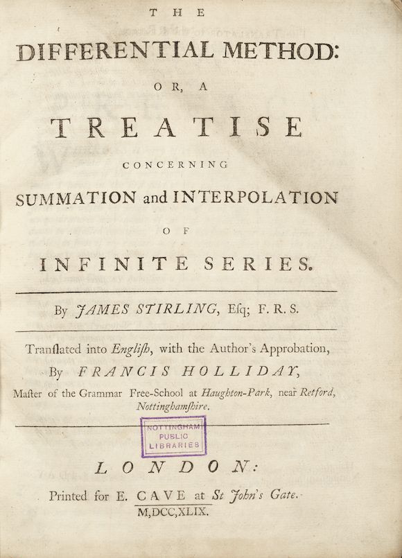 Bonhams : MATHEMATICS STIRLING (JAMES) The Differential Method: or, a ...