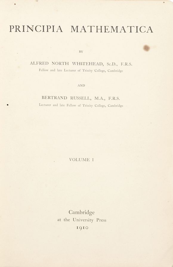 Bonhams : MATHEMATICS WHITEHEAD (ALFRED NORTH) AND BERTRAND RUSSELL. Principia Mathematica, 3 ...