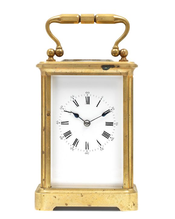 Bonhams : A late 19th century gilt brass corniche carriage clock with ...