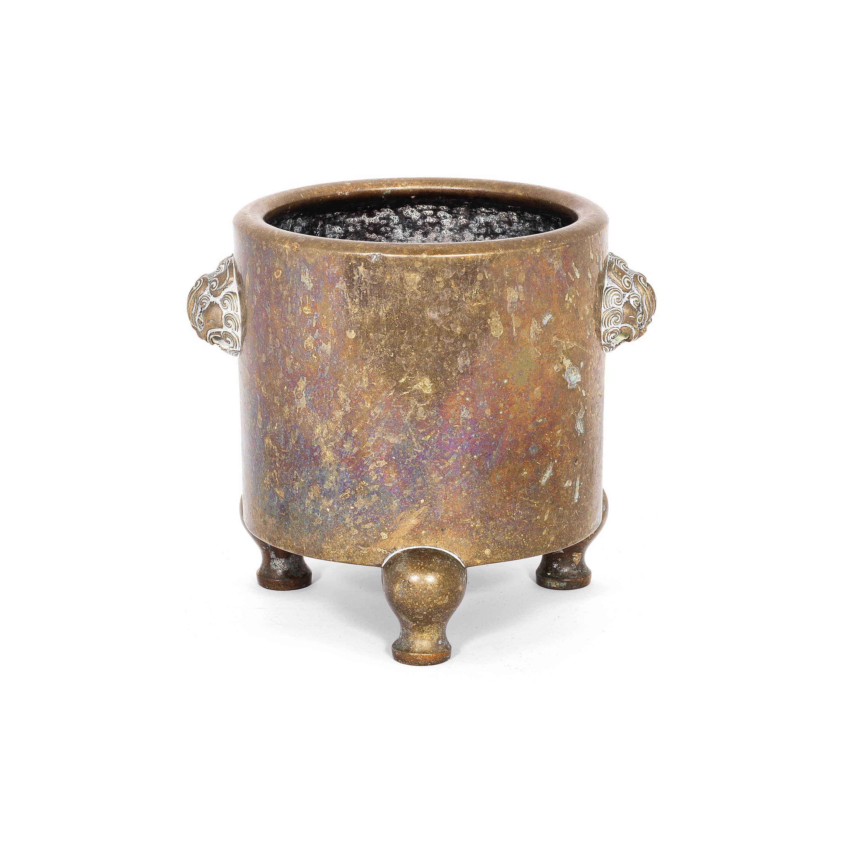 Bonhams : A GOLD-SPLASHED BRONZE CYLINDRICAL TRIPOD INCENSE BURNER ...
