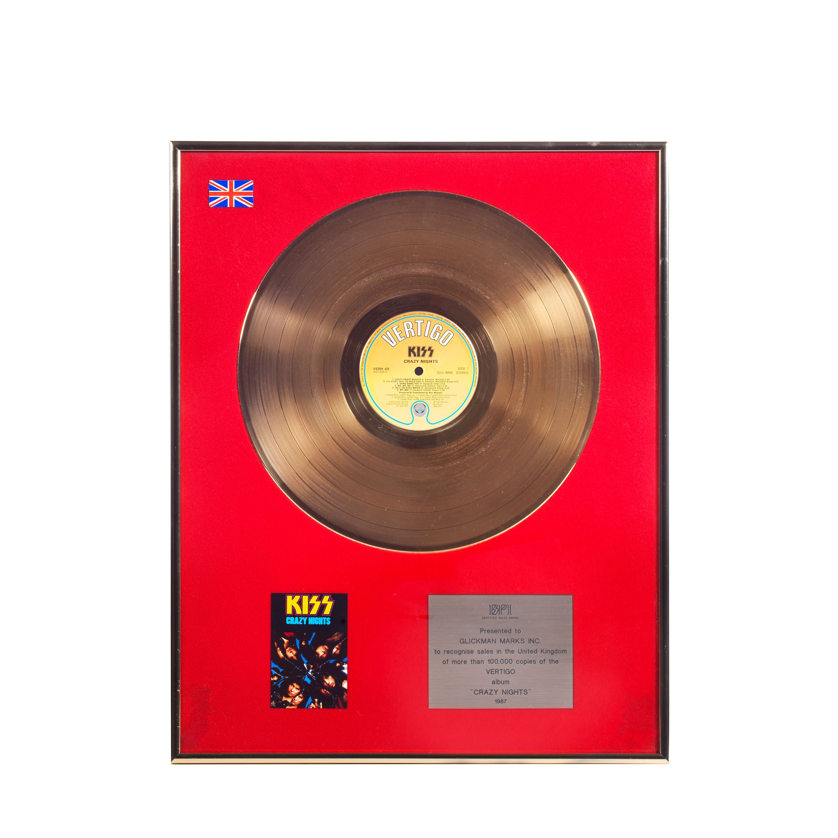 Bonhams : Kiss A 'Gold' Award For The Album Crazy Nights, 1987,