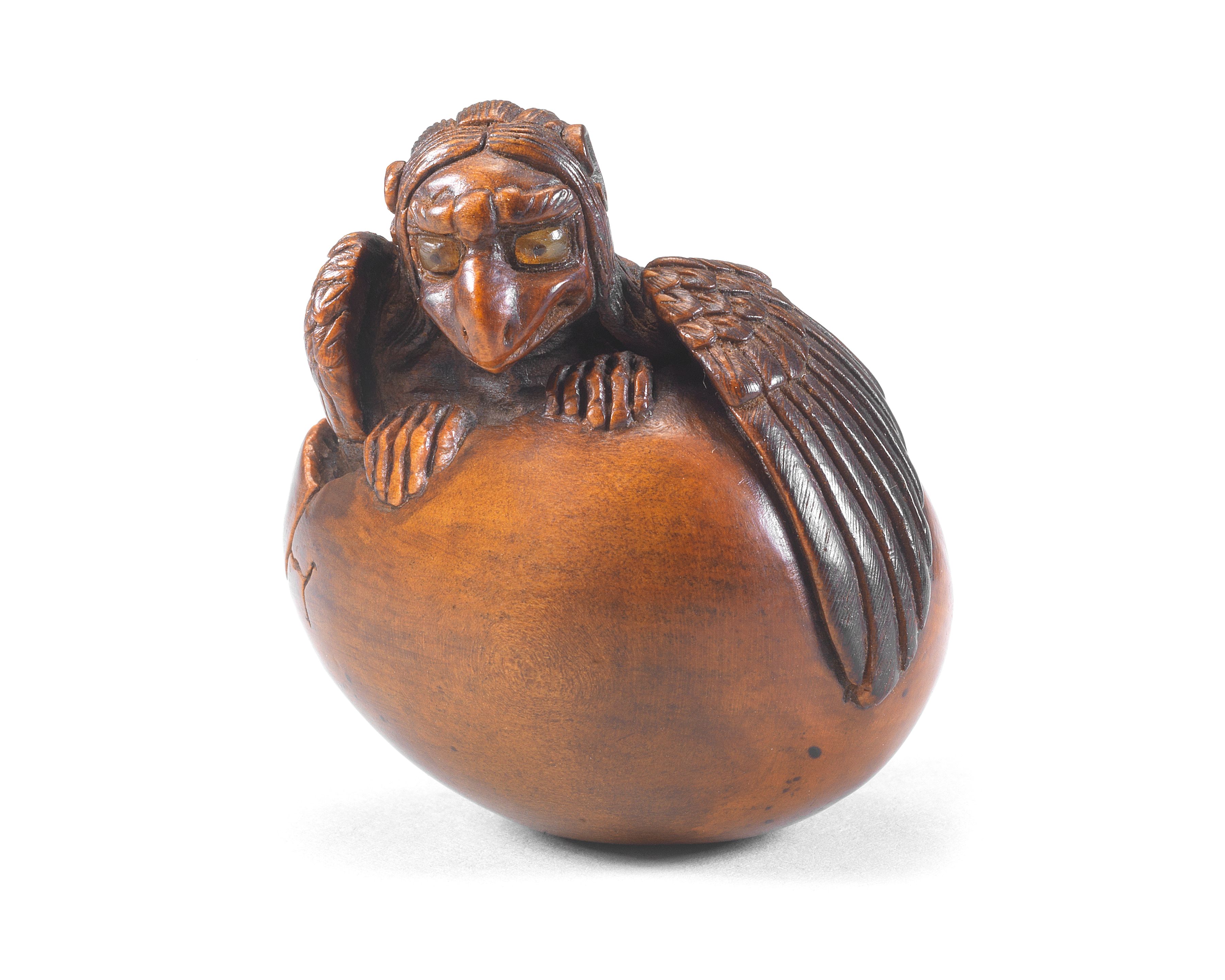 Bonhams : A wood netsuke of a tengu no tamago (hatching tengu) By ...