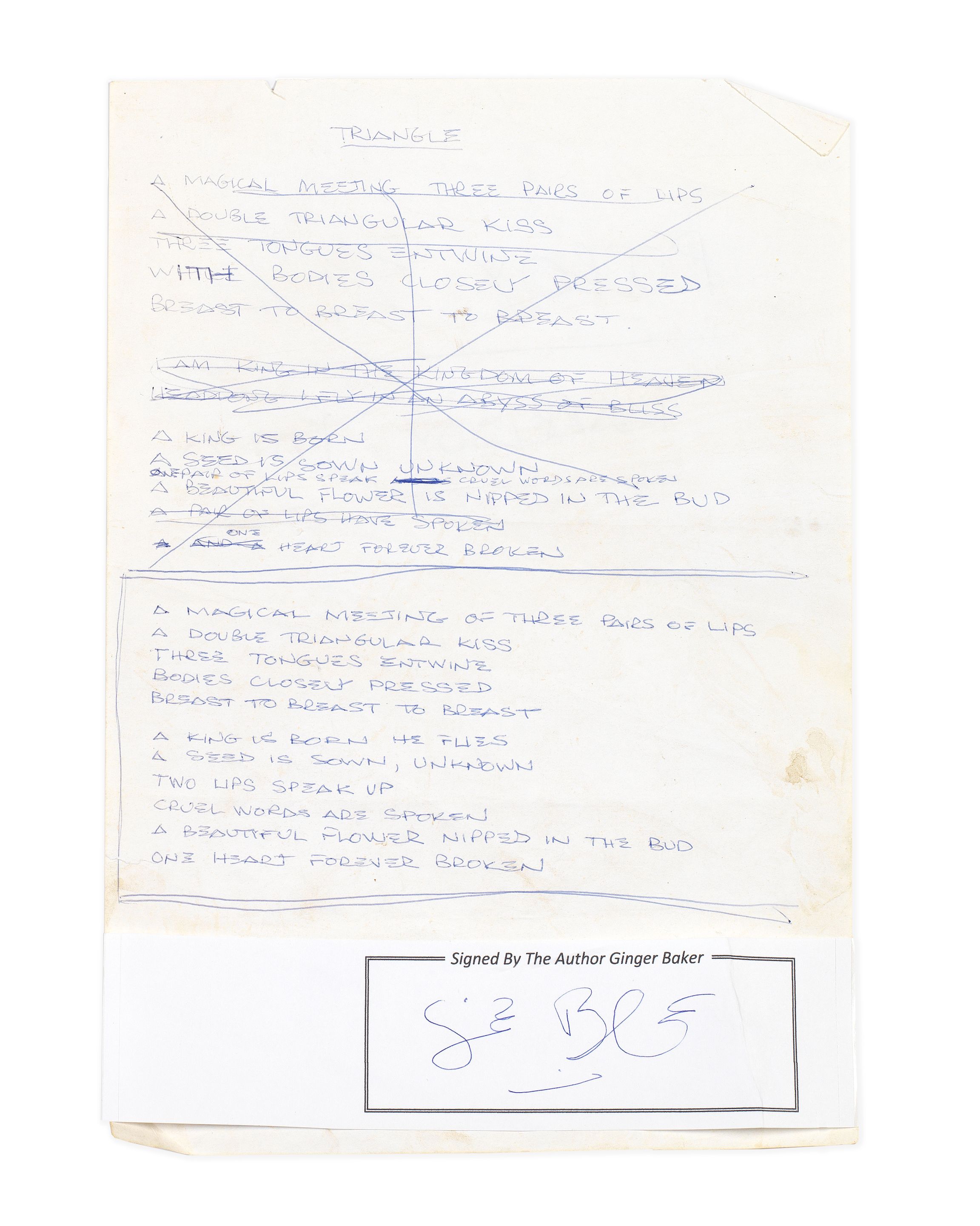 Bonhams : Ginger Baker A handwritten poem 'Triangle', circa 1966,