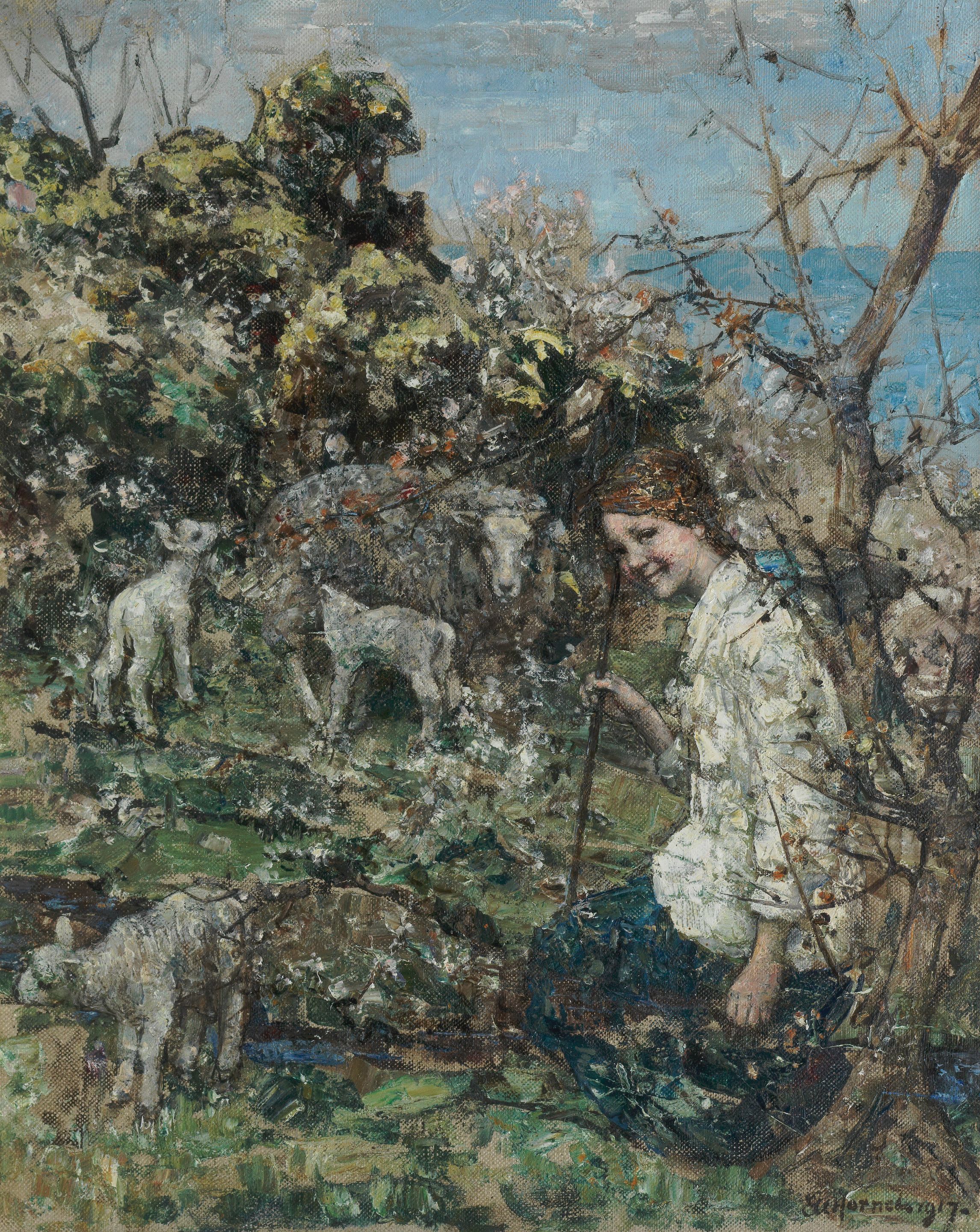 Bonhams : Edward Atkinson Hornel (British, 1864-1933) The Shepherdess 61 x 50.8 cm. (24 x 20 in.)