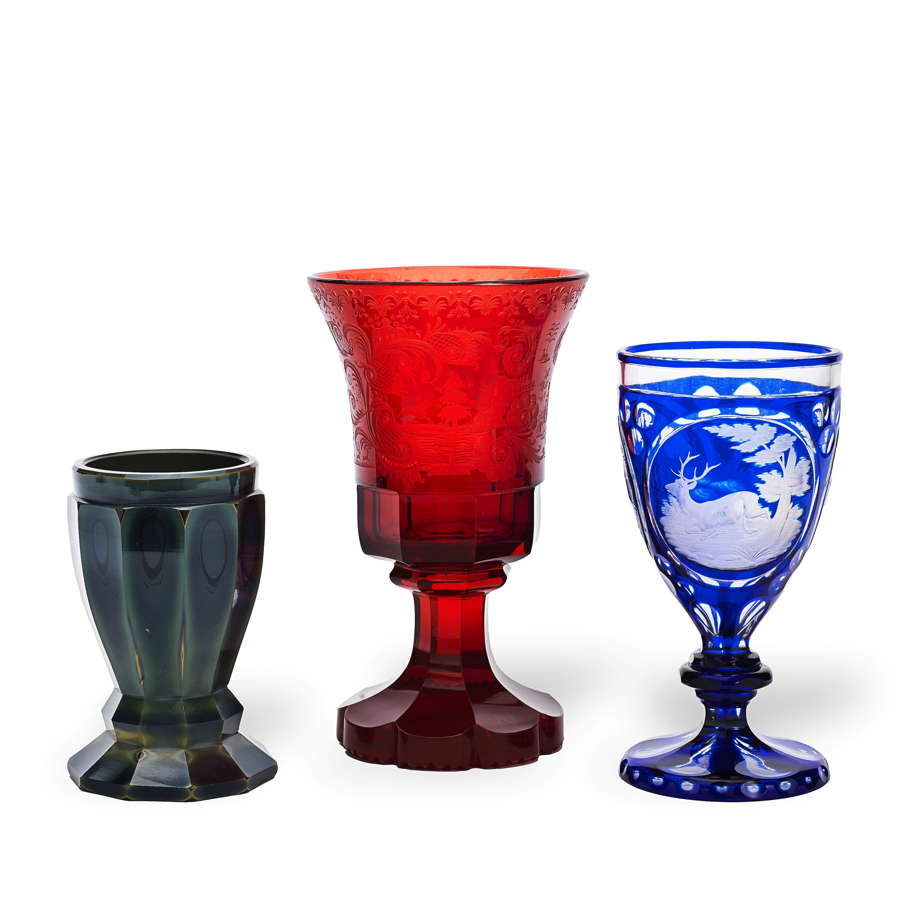 Bonhams : Three Bohemian engraved goblets and a Lithyalin beaker, 19th ...