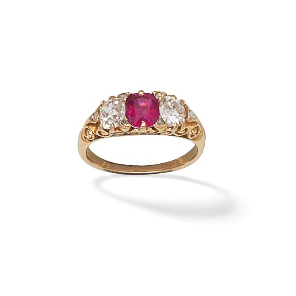 Bonhams : THREE-STONE RUBY AND DIAMOND RING,